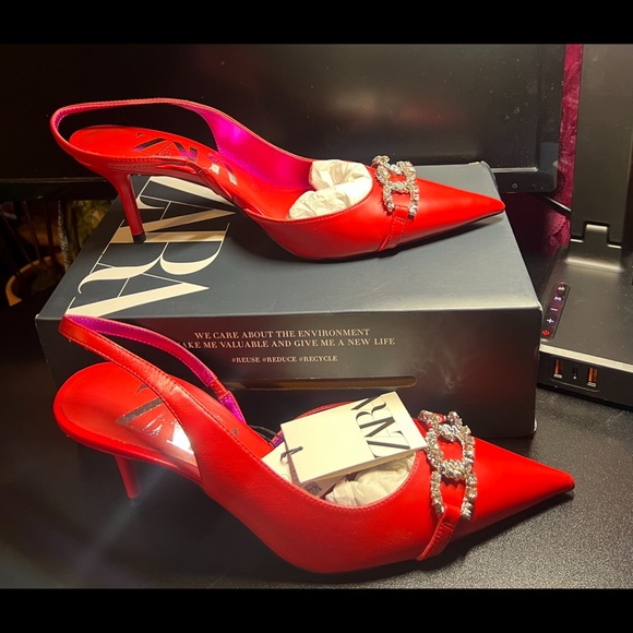 Zara | Shoes | Zara Red Leather Jewel Slingback Red Heels | Poshmark